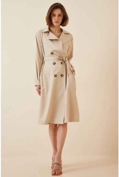 Kadın Krem Kruvaze Yaka Kemerli Astarsız Mevsimlik Rahat Trençkot HZL22S-BD158531