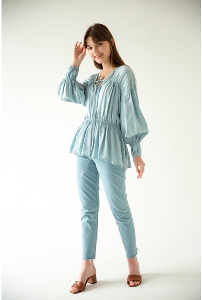 Keten Kumaş Bağlama Detaylı Kadın Gömlek-Bebemavi Keten Kumaş Bağlama Detaylı Kadın Gömlek-Bebemavi