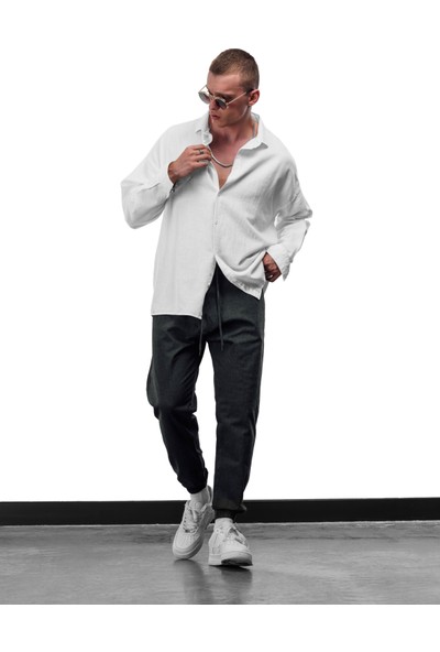 Abluka Online Oversize Dokulu Ince Gömlek Beyaz