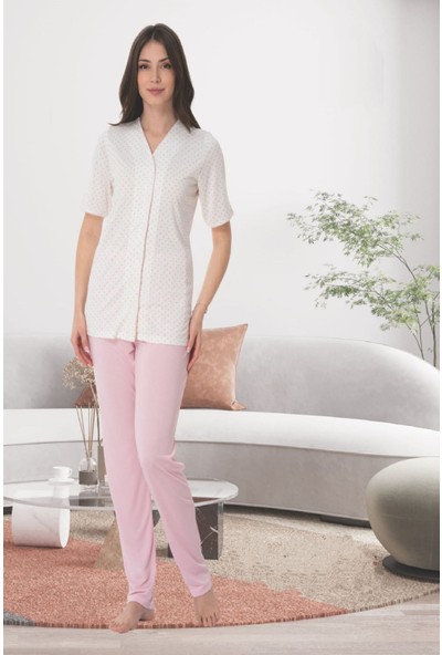 Pembe Önden Düğmeli Kısa Kol Kadın Pijama Takımı