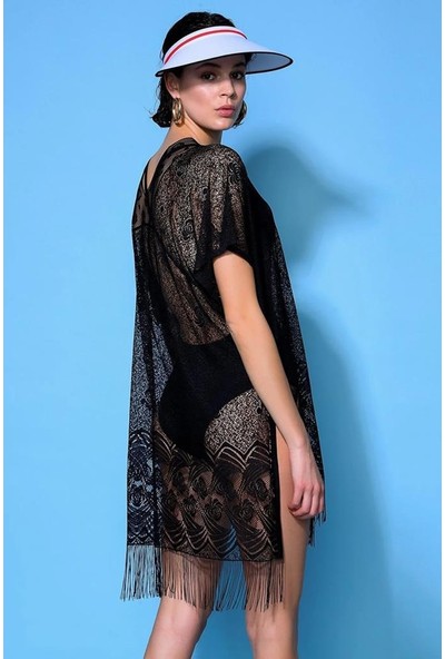 İstisna Yeni Sezon Kadın Siyah Narin Yanı Yırtmaçlı Püsküllü Tül Transparan Hızlı Kuruyan Yaz Elbisesi Pareo