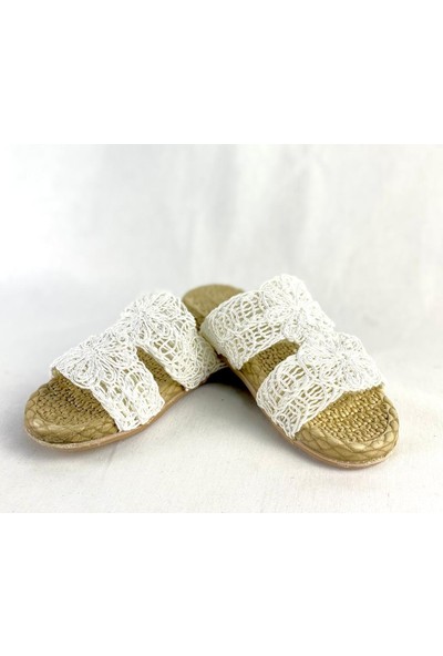 Yuna Kadın Çift Bantlı Hasır Terlik Örgü Nakışlı Yaz Terlik Dış Mekan ve Ev Terliği Beyaz