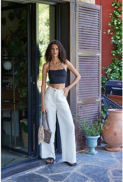 Vatkalı Pensli Keten Pantolon Ekru Vatkalı Pensli Keten Pantolon Ekru