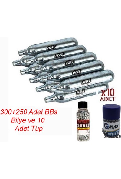 Asg 12GR Co2 10 Adet Havalı Tüpü ve 300+250 Adet Bbs Saçma Asg 12GR Co2 10 Adet Havalı Tüpü ve 300+250 Adet Bbs Saçma
