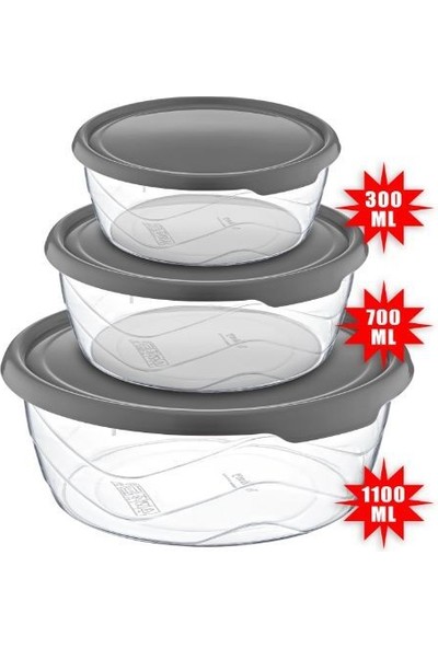 Yuvarlak Saklama Kabı 3 Adet Gri