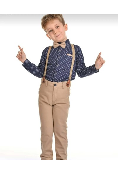 Erkek Çocuk Oxford Gömlekli Papyonlu Bej Takım