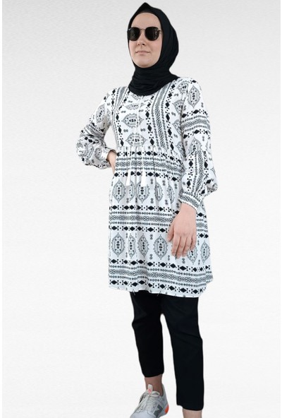 Yagmur Beren Boyundan Bağlamalı Etnik Desen Tesettür Tunik