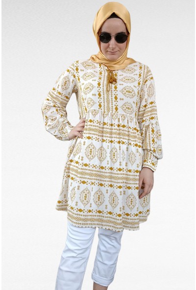 Yagmur Beren Boyundan Bağlamalı Etnik Desen Tesettür Tunik