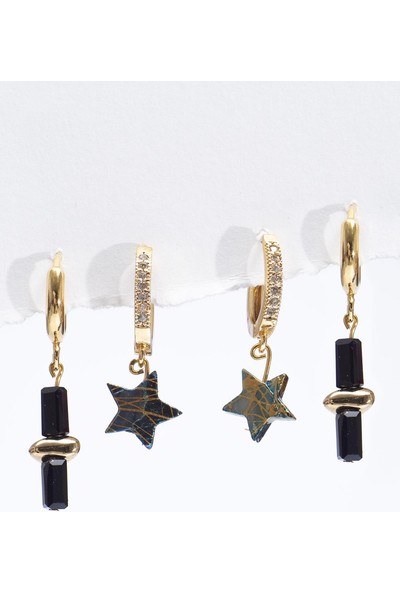 4'lü 18 K Altın Kaplama Sedef Yıldız Sallantılı Gorgeous Küpe Seti