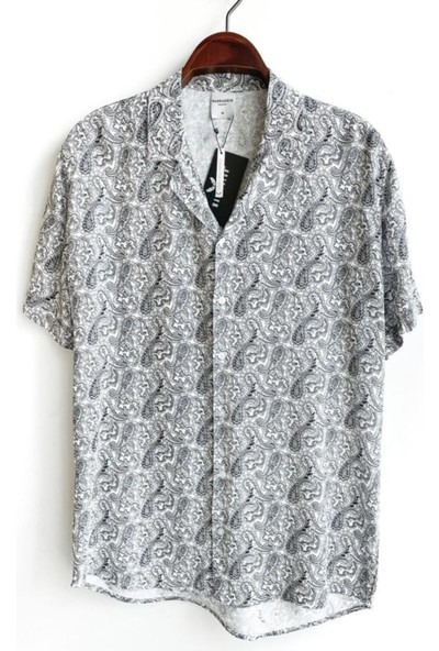 Erkek Desenli Kısa Kol Viskon Beyaz Gömlek