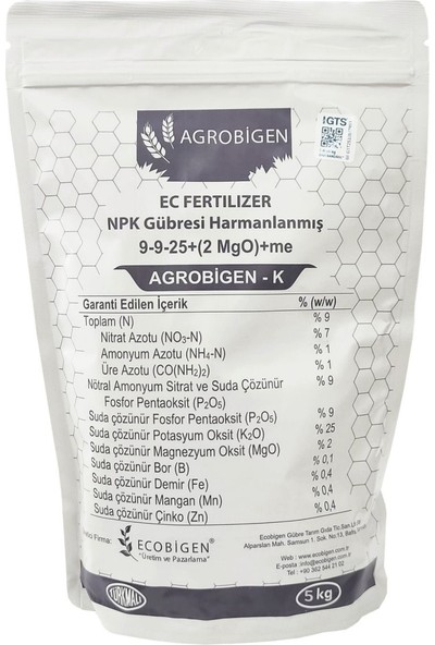 Agrobigen Potasyumlu Npk Gübresi 9-9-25+(2 Mgo)+Me (5 Kg) Agrobigen