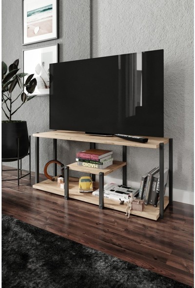 Raflı Tv Sehpası Atlantik Çam Siyah Metal Ayaklı