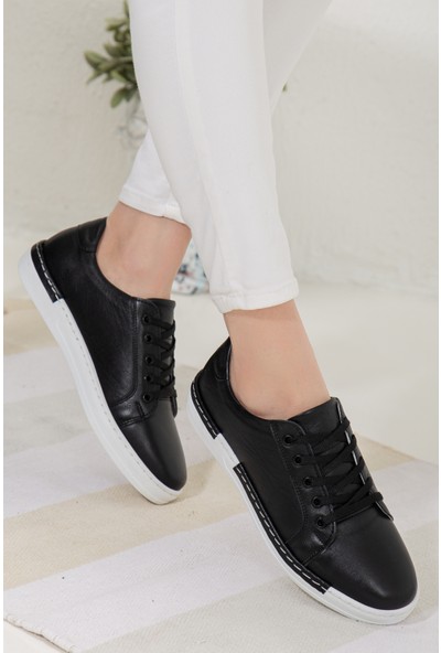 Kadın Sneakers Siyah Deri Spor
