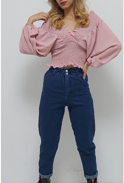 V Yaka Gipeli Ayrobin Bluz Pudra V Yaka Gipeli Ayrobin Bluz Pudra