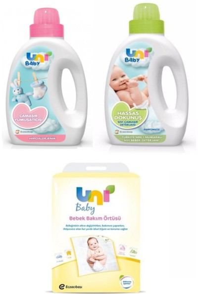Uni Baby Sensitive Deterjan 1500ML+HIPOALERJENIK Yumuşatıcı 1500ML+BEBEK Alt Açmaörtüsü Uni Baby Sensitive Deterjan 1500ML+HIPOALERJENIK Yumuşatıcı 1500ML+BEBEK Alt Açmaörtüsü