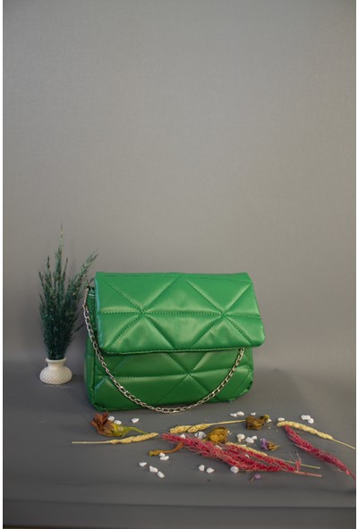 Poobag Yeşil Baklava Desenli Kolon Askılı ve Zincirli El Çantası