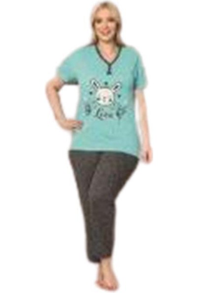 Kadın Büyük Beden Kısa Kollu Tavşan Detaylı Pijama Takımı PS599