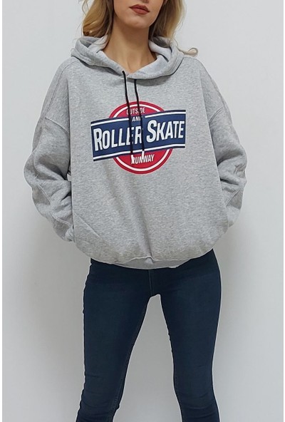 Kapüşonlu Roller Skate Baskılı Içi Pamuk Sweatshirt Gri