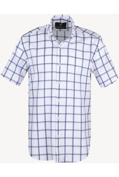 Ysf Erkek Mavi Beyaz Ekose Slim Fit Kısa Kollu Gömlek