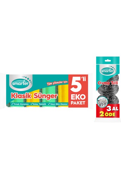 Smarter Klasik Bulaşık Süngeri 5'li + Ovma Teli 3'lü
