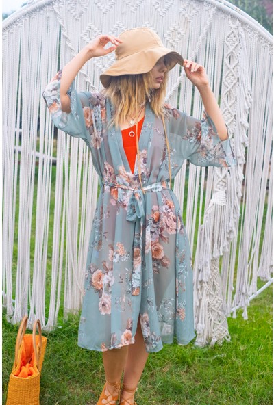 Shine Çiçek Desenli Şifon Kumaş Yeni Sezon Salaş Pareo, Kimono