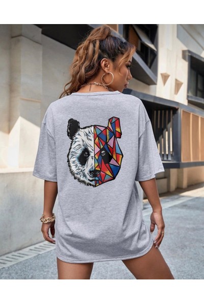 Oversize Kadın Gri Panda Sırt Baskılı Tişört