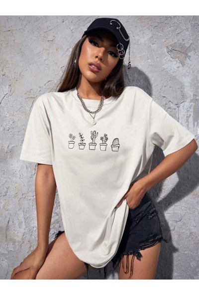 Afro Giyim Oversize Beyaz Kaktüs Tişört