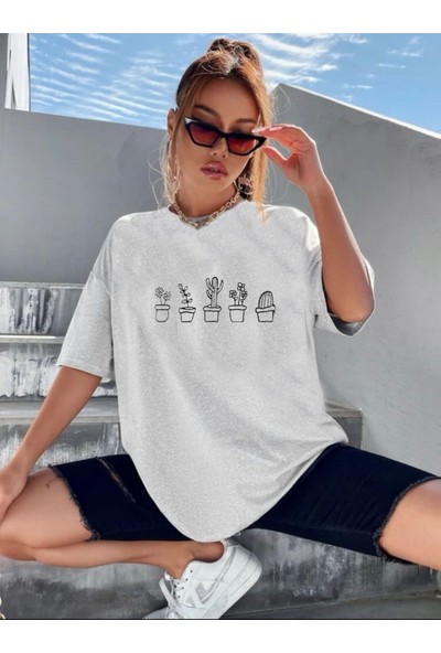 Oversize Gri Kaktüs Tişört