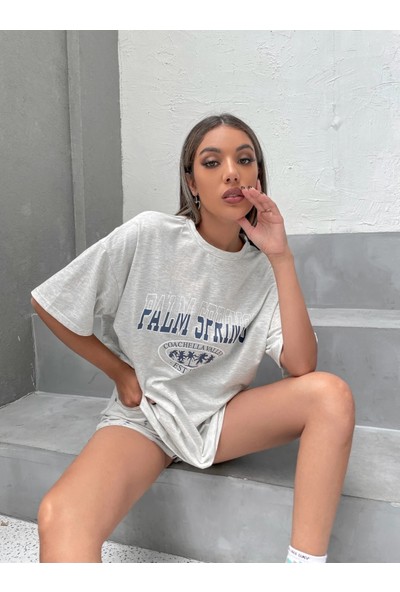 Kadın Oversize Gri Palm Springs Baskılı Tshirt