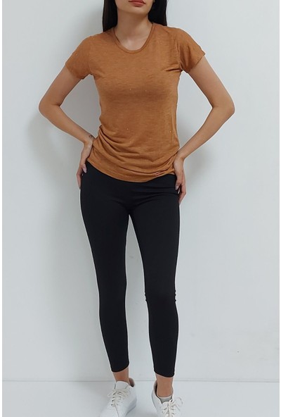 Laviyosa Simli Bisiklet Yaka Tişört Kahve