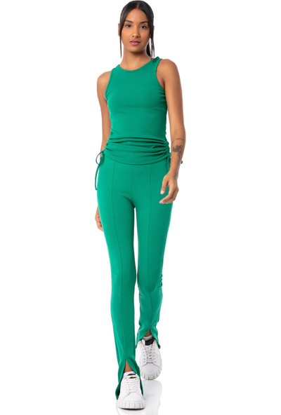 Yeşil Yanı Bağcık Büzgülü Atlet ve Yüksek Bel Önü Yırtmaçlı Tayt Takım