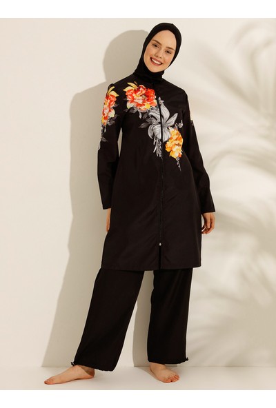 Mayo Bella Siyah Çiçekli Tam Kapalı Mayo - Karışık Renkli - Mayo Bella