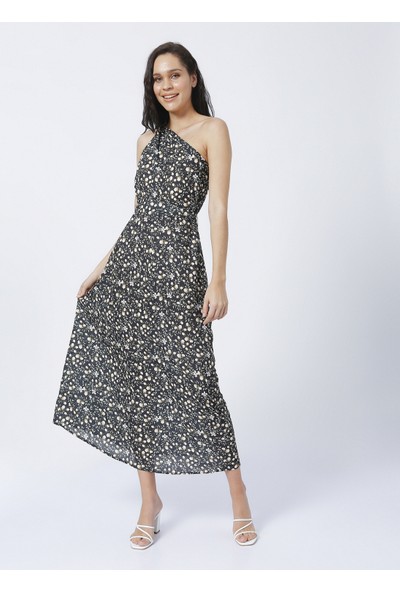 Fabrika Tek Omuz Yaka Desenli Maksi Siyah - Sarı Kadın Elbise Ym-17