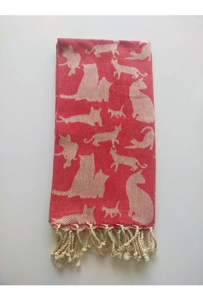 Havlucu Dükkanı Kedi Desenli Kırmızı Pamuk Peştemal / Deniz Havlusu Havlucu Dükkanı Kedi Desenli Kırmızı Pamuk Peştemal / Deniz Havlusu