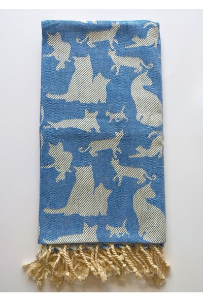 Havlucu Dükkanı Kedi Desenli Mavi Pamuk Peştemal / Deniz Havlusu Havlucu Dükkanı Kedi Desenli Mavi Pamuk Peştemal / Deniz Havlusu