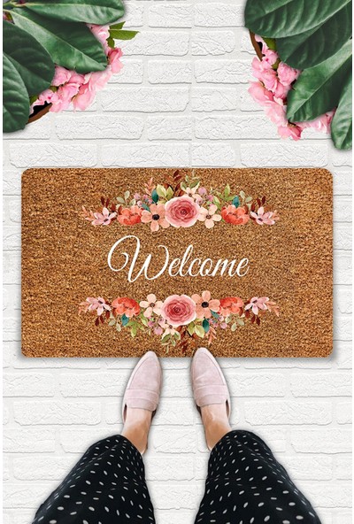 Uygur Home Çiçekli Welcome Temalı Coco Görünümlü Dekoratif Kapı Önü ve Iç Mekan Paspası