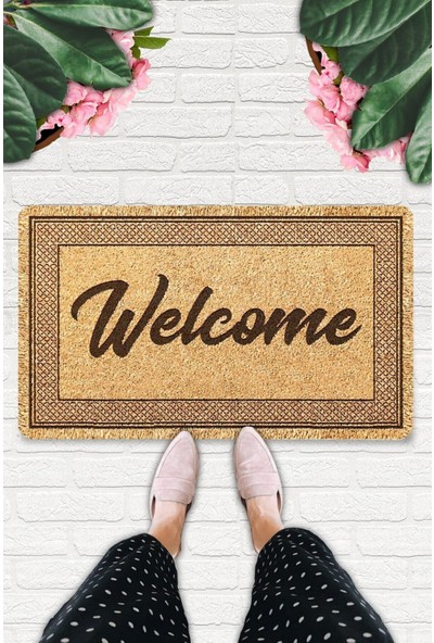 Uygur Home Çerçeveli Welcome Temalı Coco Görünümlü Dekoratif Kapı Önü ve Iç Mekan Paspası