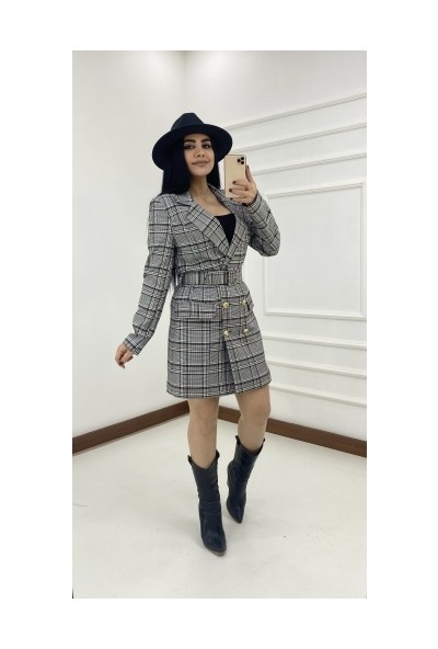 Beri Butik Gri Ekose Ceket Elbise