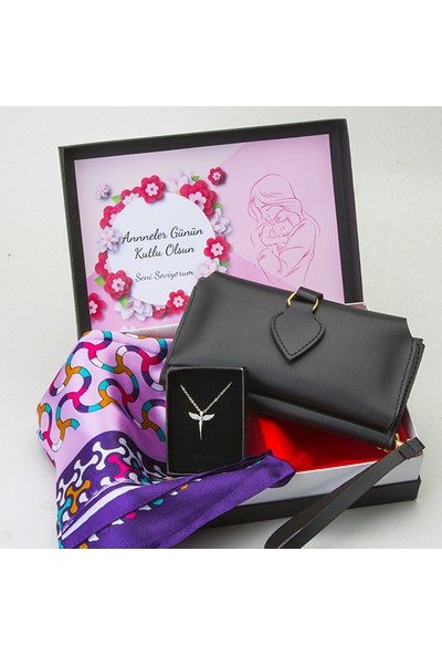 Fotomcity Kişiye Özel Telefon Bölmeli Siyah Renk Kadın Cüzdanı ve Melek Kolye Fular Set