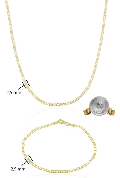 925 Ayar Gümüş Gold Kaplama Barlı Zincir Kolye Bileklik Set VES8506G45