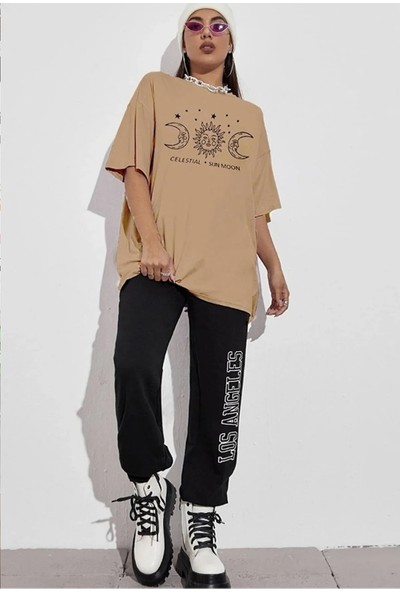 Wicromed Kadın Bej Ay Baskılı Oversize T-Shırt