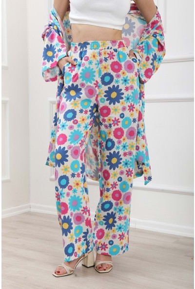 For Angels Kadın Desenli Lastikli Pantolon 22101 - Mavi - 38