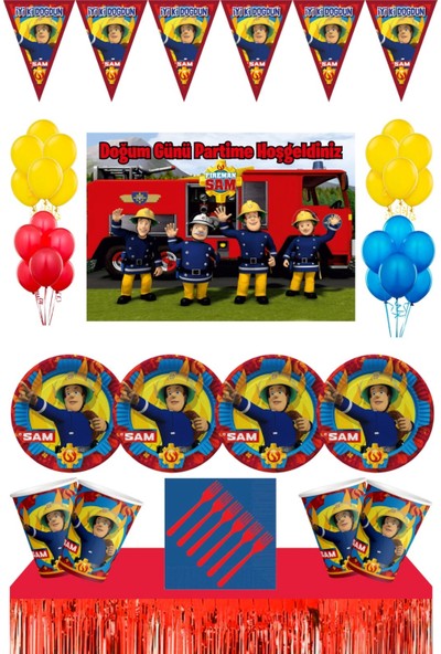 Itfaiyeci Sam 16 Kişilik 50X70 cm Afişli Doğum Günü Parti Süsleri Malzemeleri Masa Etekli