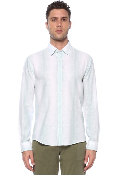 Slim Fit Yeşil Çizgi Desenli Gömlek