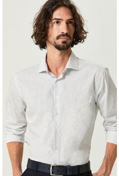 Slim Fit Ekru Desenli Gömlek
