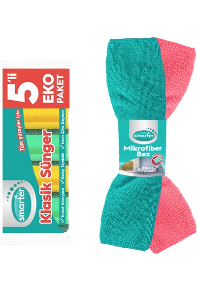 Smarter Klasik Bulaşık Süngeri 5'li + Mikrofiber Temizlik Bezi 2’li