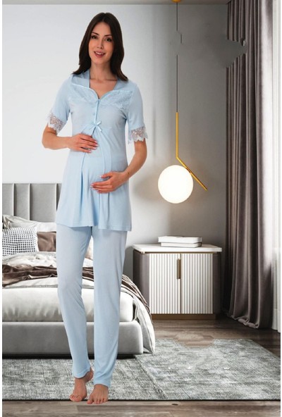 Effortt Mavi Dantelli Hamile Lohusa Pijama Takımı Effortt Mavi Dantelli Hamile Lohusa Pijama Takımı