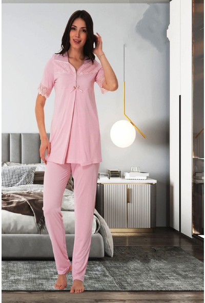 Effortt Pembe Dantelli Hamile Lohusa Pijama Takımı Effortt Pembe Dantelli Hamile Lohusa Pijama Takımı
