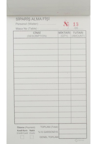 Gürmat Adisyon Fişi 9X15 cm 1 Nüsha 100 Sayfa Numaralı Kod:42 Gürmat Adisyon Fişi 9X15 cm 1 Nüsha 100 Sayfa Numaralı Kod:42
