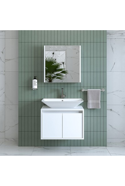 Banos Banyo Lavabolu Mat Beyaz Mdf 65 Cm Banyo Dolabı + Aynalı Banyo Üst Dolabı Banos Banyo Lavabolu Mat Beyaz Mdf 65 Cm Banyo Dolabı + Aynalı Banyo Üst Dolabı
